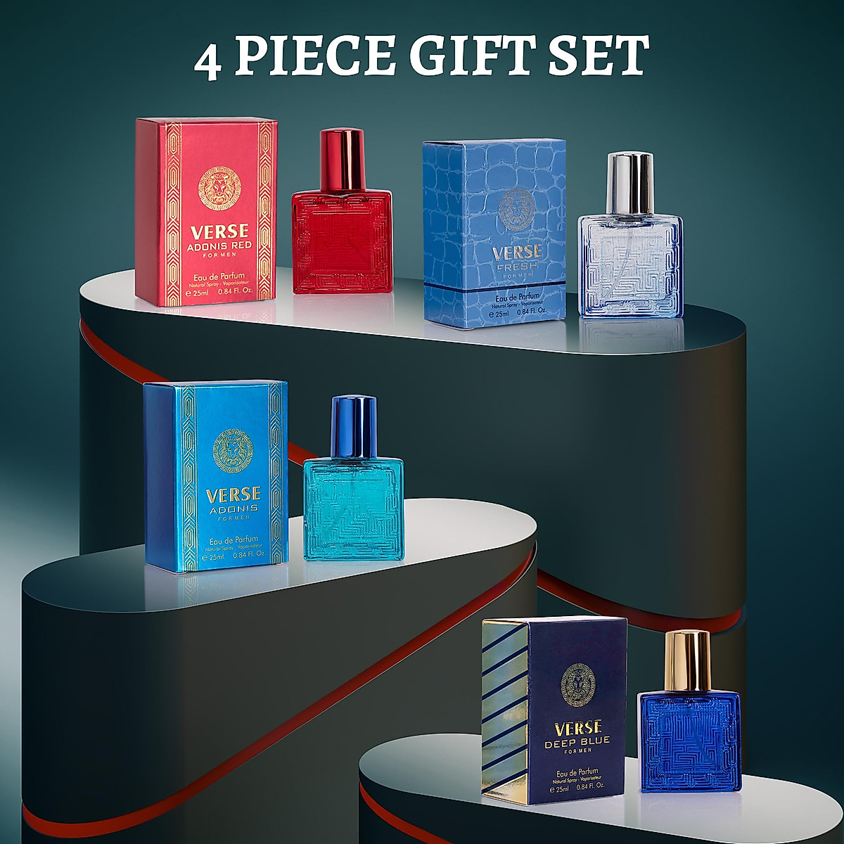 NovoGlow Verse Mini 4-Piece Fragrance Gift Set for Men - Aromatic, Floral, Oriental & Woody Notes - Individually Boxed - Travel Size - 25ml Eau De Parfum