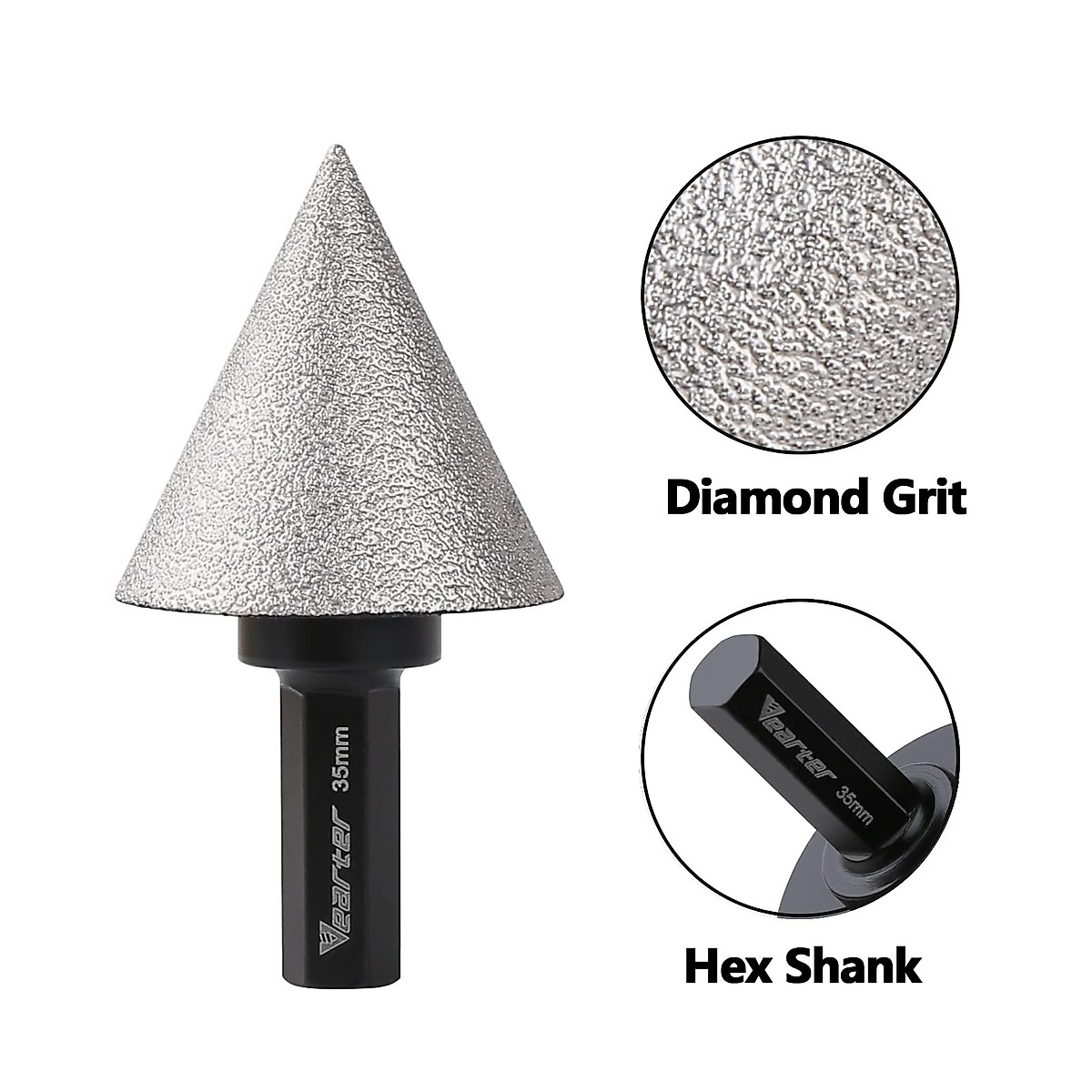 Vearter Diamond Chamfering Bit, 1-3/8" (35mm) Hexagonal Shank, for Dressing Existing Holes, Cleaning and Enlarging Marble, Ceramic Tiles, Granite Countertop Sinks.