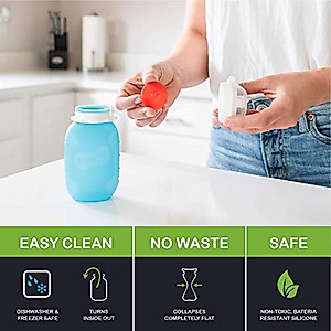 Blue 6 oz Squeasy Snacker Spill Proof Silicone Reusable Food Pouch - for Both Soft Foods and Liquids - Water, Apple Sauce, Yogurt, Smoothies, Baby Food - Dishwasher Safe