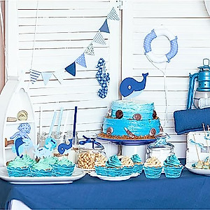 Whaline 48Pcs Ocean Wave Cupcake Wrappers Blue Sea Waves Cupcake Liners Summer Ocean Paper Baking Cup Cupcake Holders for Birthday Summer Ocean Theme Party Cake Decorations