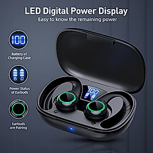 PUREROYI Bluetooth Headphones Wireless Earbuds, 100Hrs Playback Over Ear Earphones with Earhooks, Dual-LED Display, IPX7 Waterproof, Ear Buds Built-in Mic Headset for Sports Running Workout Black