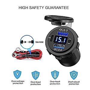 12V USB Outlet, Dual USB Quick Charge 3.0 Port & PD USB C Car Charger Socket with Voltmeter and Power Switch for Car Boat Marine Truck 2 Pack