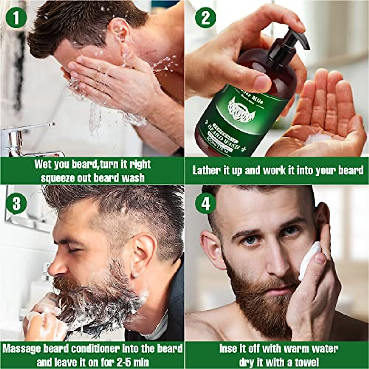 Beard Wash and Conditioner Kit (17oz) Natural Mint Beard Shampoo Conditioner Kit, Fathers Gifts for Dad Him Men, Beard Shampoo Set w/Beard Oil Conditioner Cleanse Smooth Soften Strengthen