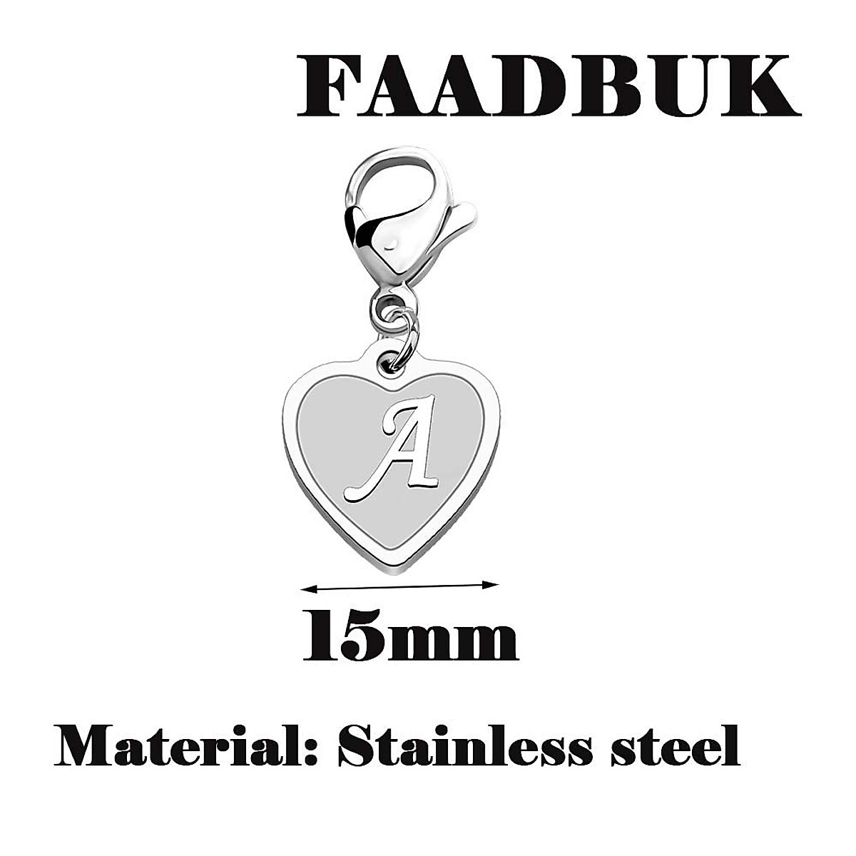 FAADBUK Initial Letter A-Z Alphabet Heart Charm for Bracelet Keychain Necklace Initial Stainless steel Clasp Clip on Charm (intial A)