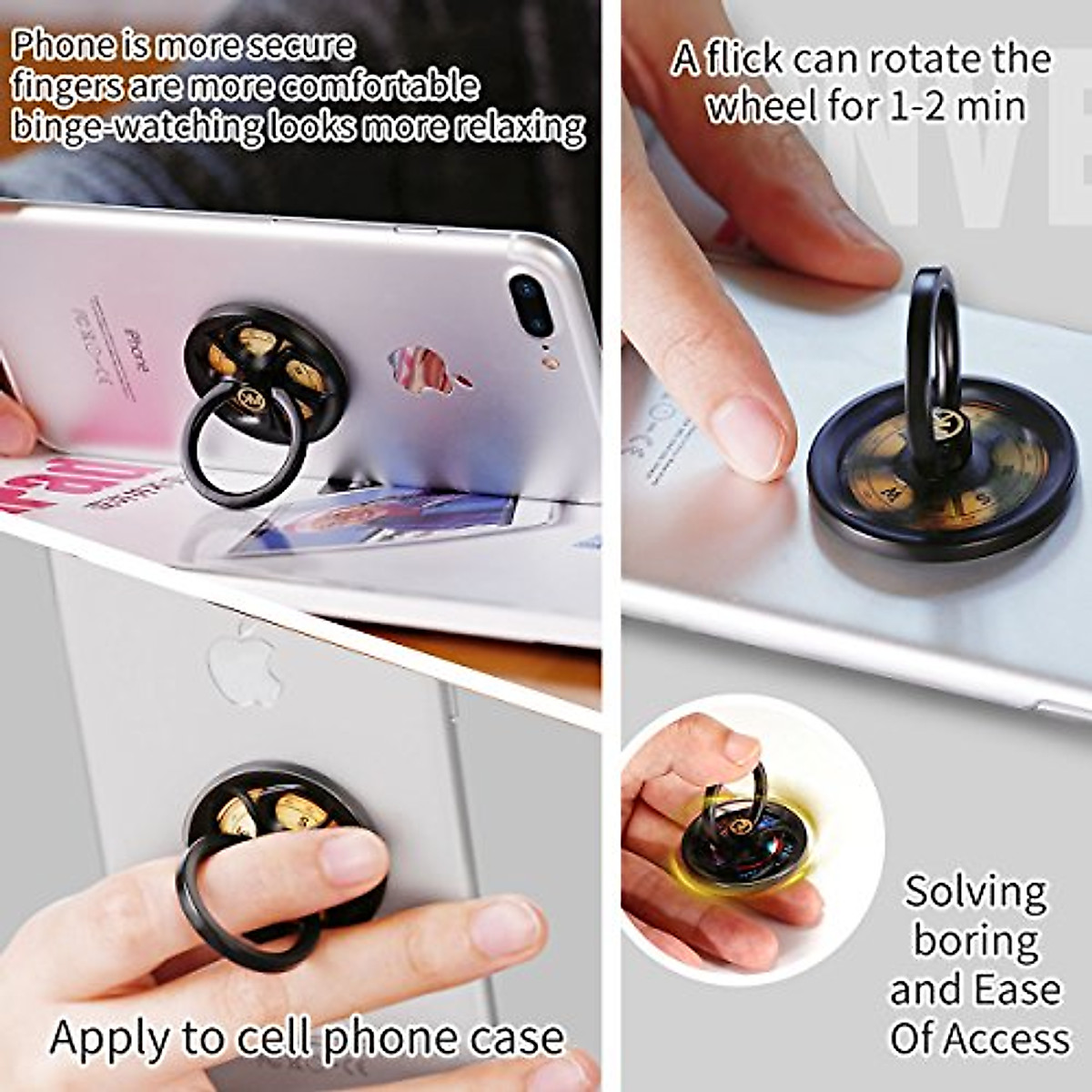 Anti-Anxiety Finger Ring Stand, ebulous 360° Rotation Spinner Mobile Cell Phone Ring Stand Holder with Grip Kickstand Universal [Washable/Reusable] for iPhone/iPad/Samsung Note/Tablets etc (Gold)…