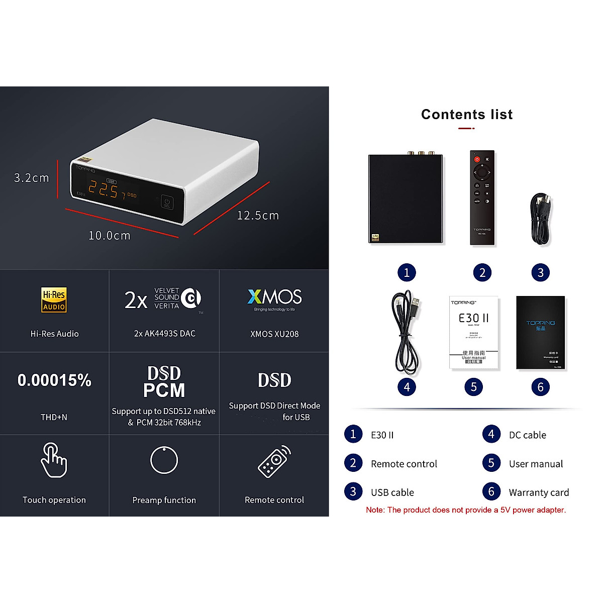 Topping E30 II DAC Preamp Audio Decoder- 2xAK4493S Hi-Res XMOS XU208 DAC 32Bit/768kHz DSD512 DSD Direct Mode for USB/Coax/Opt Inputs RCA HiFi Stereo Digital Audio Decoder(Black)