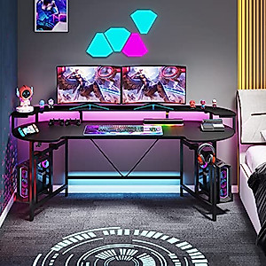 LITTLE TREE LED Gaming Desk with Monitor Shelf, Carbon Fiber Surface Gaming Table Gamer Workstation for Home Office, Black