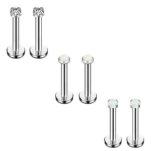 Ruifan 2mm White Opal & Clear CZ Internally Threaded Stainless Steel Labret Monroe Lip Ring Tragus Helix Earring Stud 16G 5/16" 8mm 6PCS