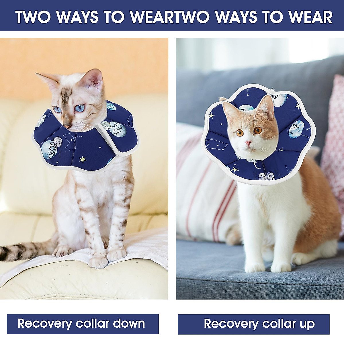 TIESOME Small Cat Cone Collars, Adjustable Kitten Recovery Cone Collar After Surgery Fasteners Collars for Small Cats Protective Cat Recovery E-Collar, 6.3-9inch Neck Diameter(S Size, Constellation)