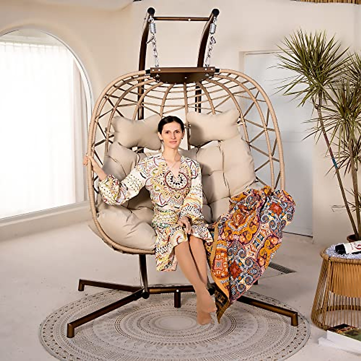 BULEXYARD Outdoor Double Swing Egg Chair with Stand for Bedroom, Indoor 2 Person Hanging Chair Foldable Twins Patio Chair, Large Hand-Woven Wicker Garden Loveseat Hammock Chair w/Cream Thick Cushion