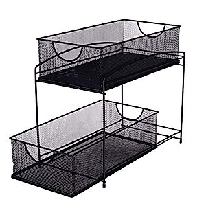 IBERG 2 Tier Under Sink Organizers and Storage - Sliding Bathroom Organizer - Kitchen Cabinet Organizer (Black)