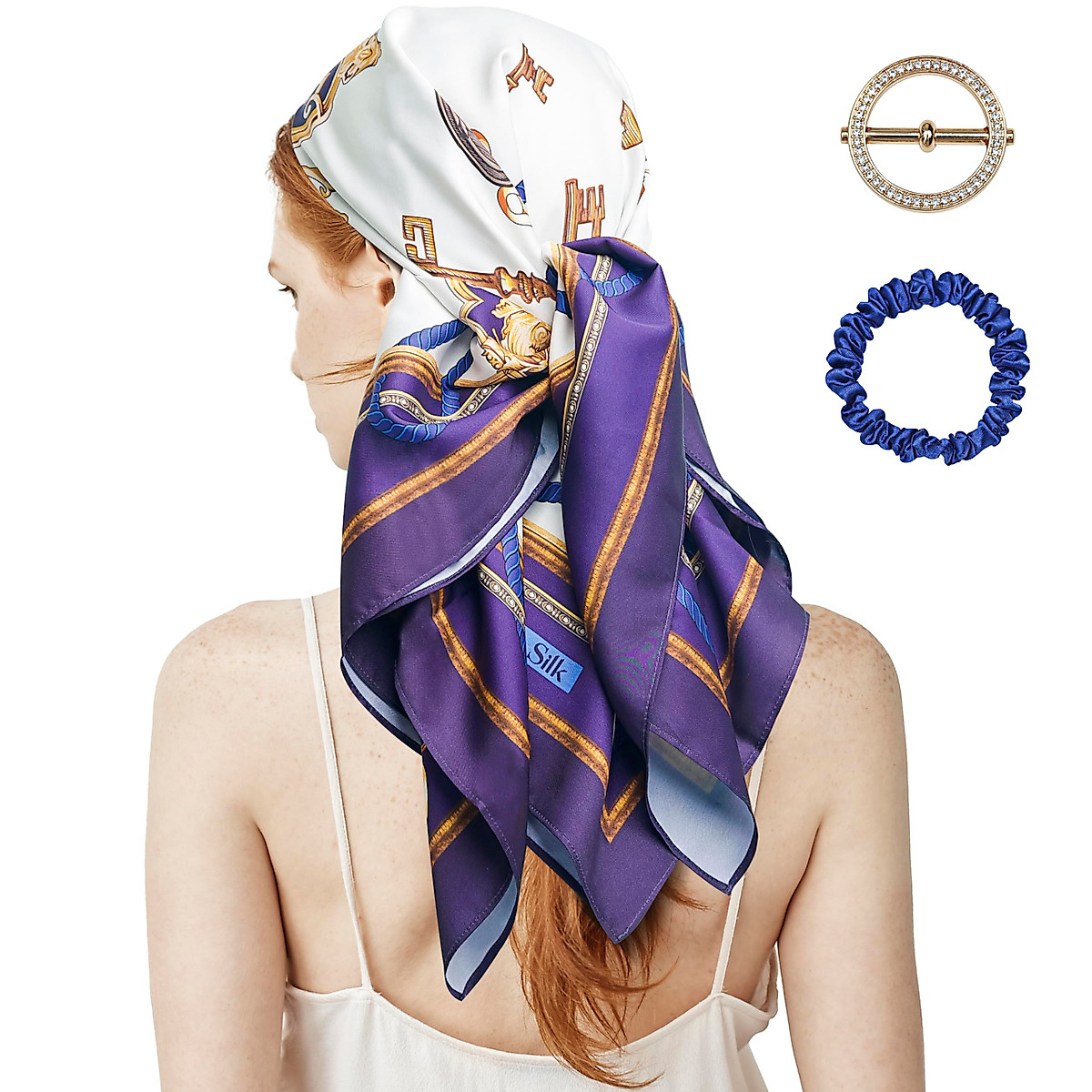 Annika Silk Silk Scarf for Women Elegantly Designed Lightweight 35'' x 35'' Hair Scarf for Sleeping with Hand Seam Silk Scrunchie and Scarf Ring (Navy Blue)