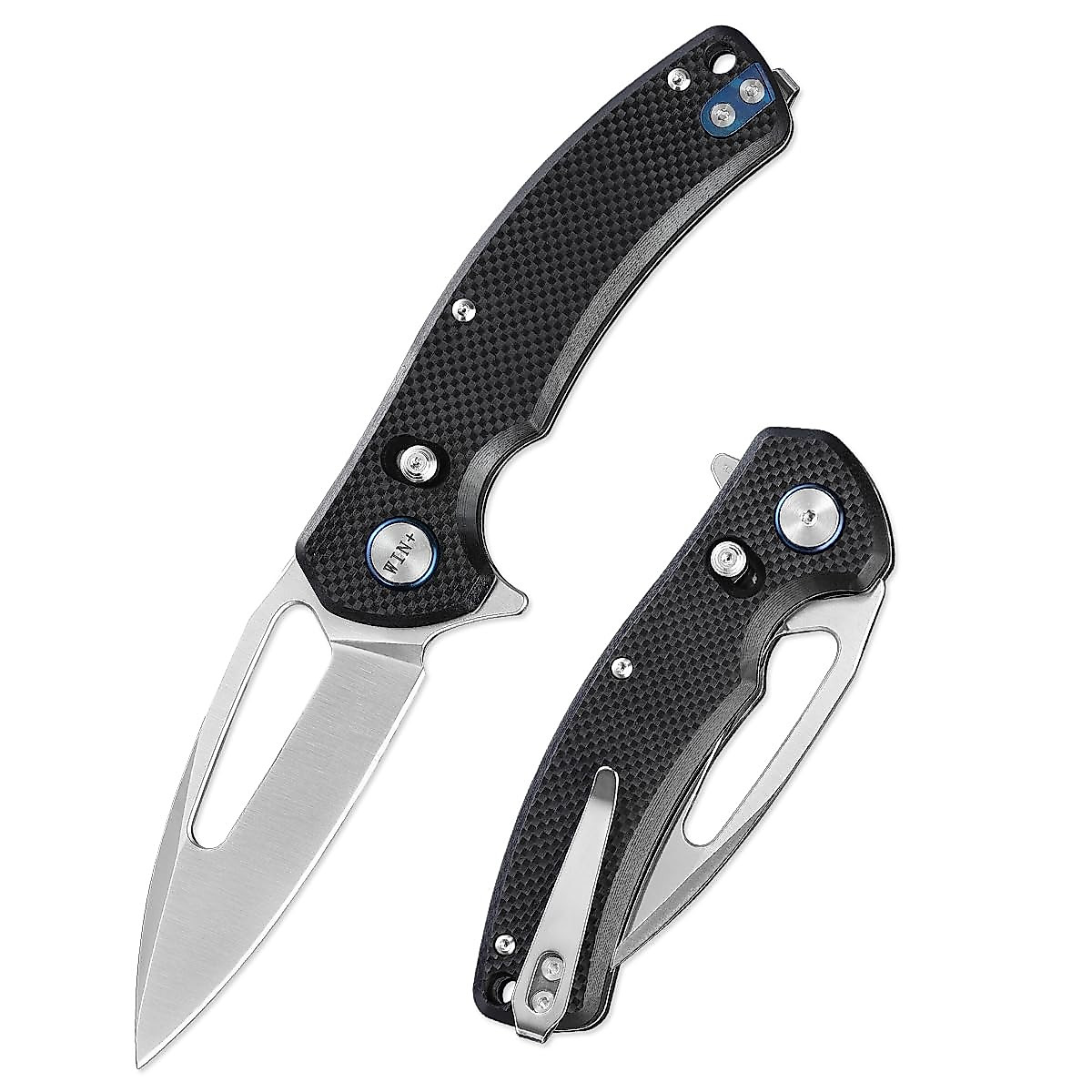 WIN+ Pocket Knife, Folding Knife with Button Lock and Axis Lock, Tactical Knife with Ball Bearing and Thumb Hole for Men and Women, Good for Camping and Outdoor 3444 (Black-G10)