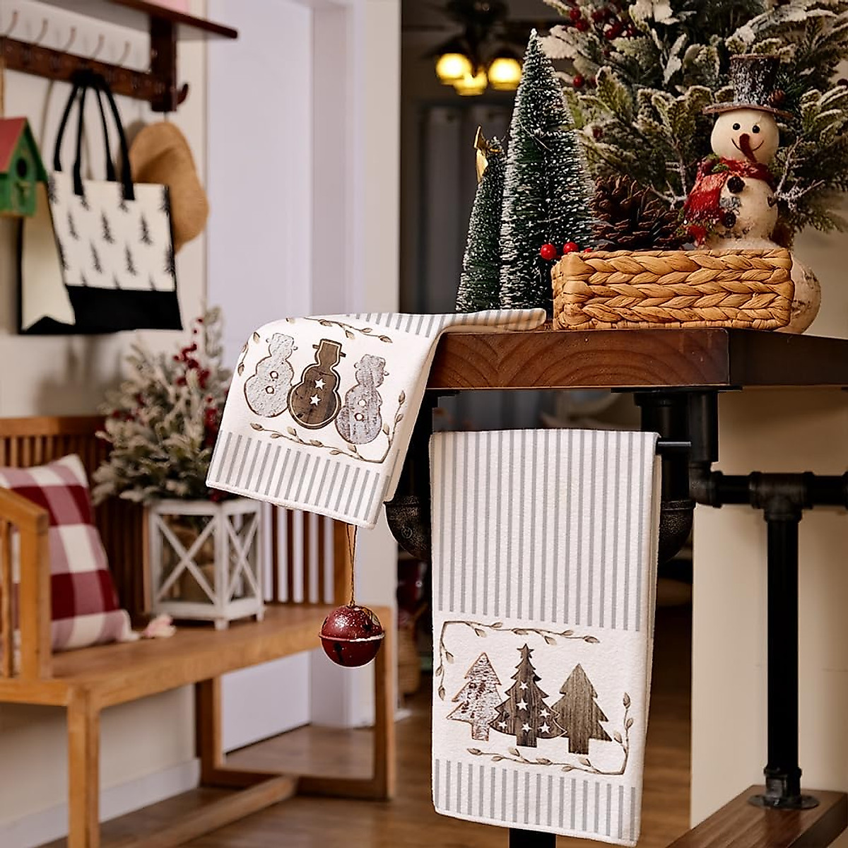ARKENY Christmas Kitchen Towels Set of 2,Beige Xmas Tree Snowman Dish Towels 18x26 Inch,Hoilday Farmhouse Home Decoration AD098