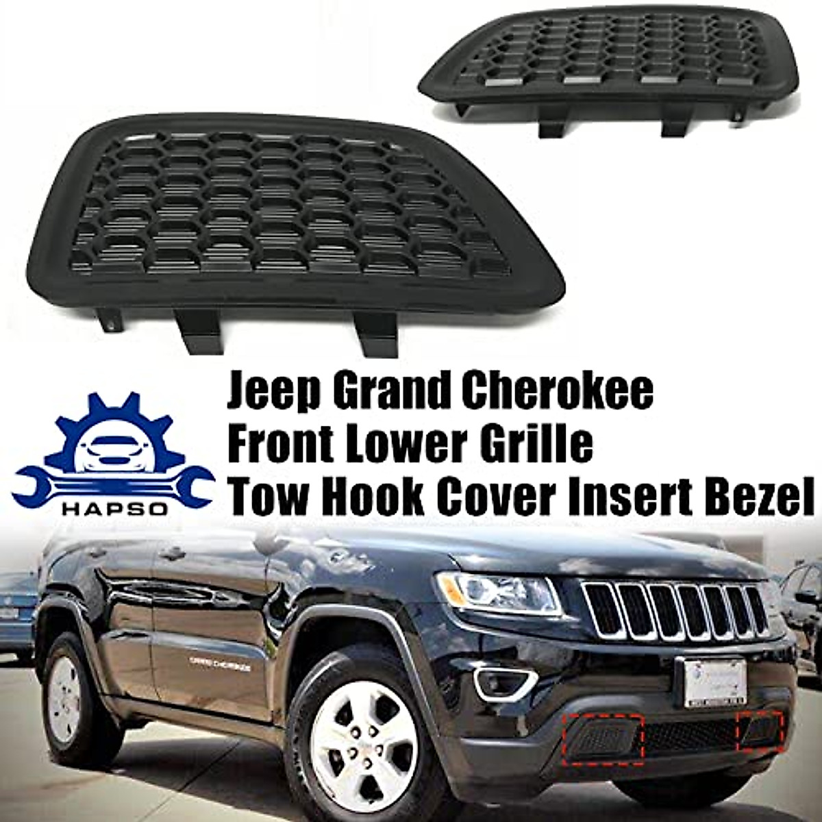 HAPSO Front Lower Grille Tow Hook Cover Fit For 2014-2016 Jeep Grand Cherokee Pair Driver & Passenger Side OEM Replace 68143099AC 68143098AC