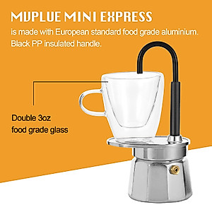 MVPLUE-Mini Express Swiss Single Tube Moka Pot Aluminum Silver，Moka Set includes One Double Wall 3oz Cup,Enjoy delicious coffee in no time