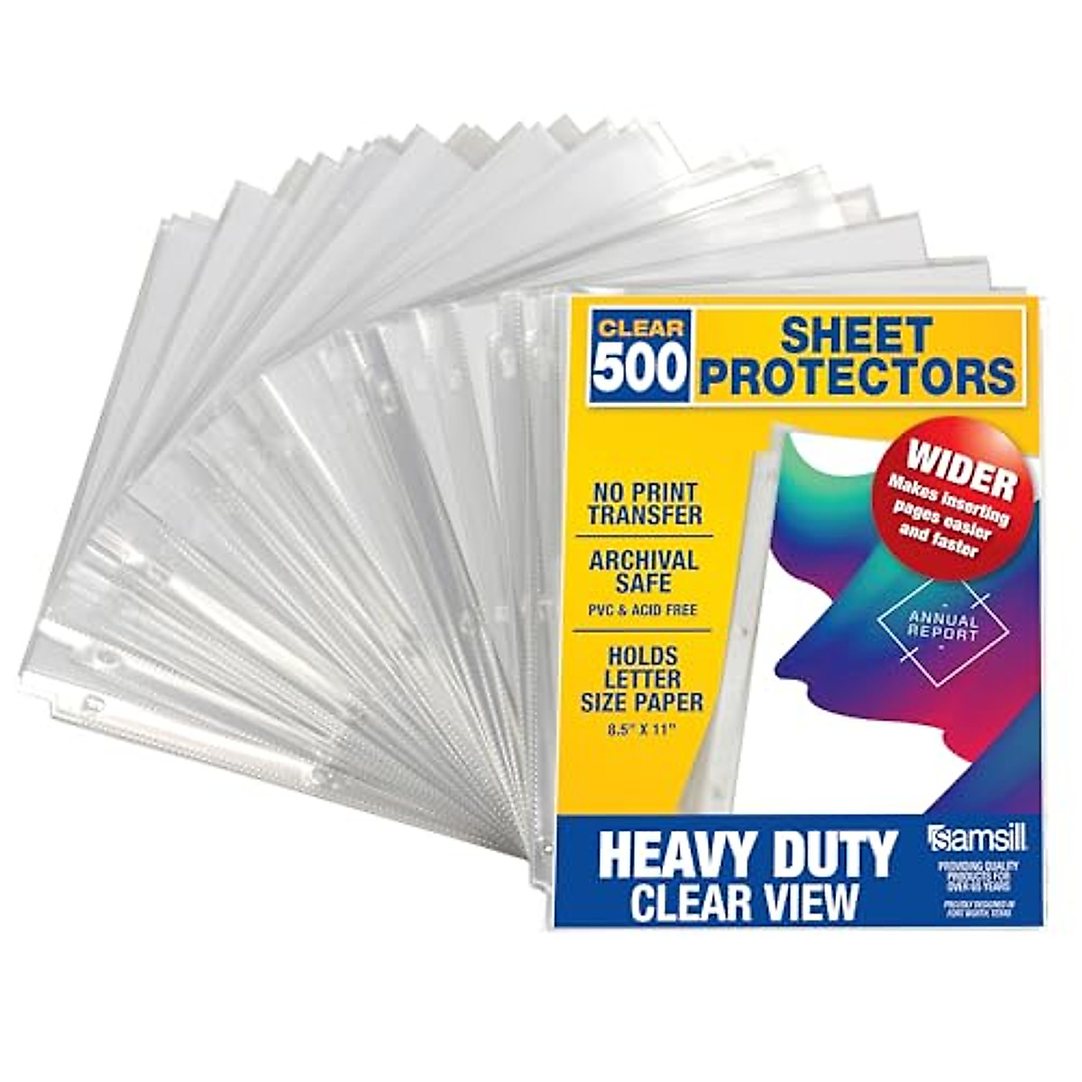 Samsill 500 Clear Heavyweight Sheet Protectors, 3.3 Mil Thickness, Top Loading / 3 Hole Design Page Protectors, Archival Safe for Photos or Printed Copy, Holds Multiple 8.5 x 11 Sheets, Bulk 500 Pack
