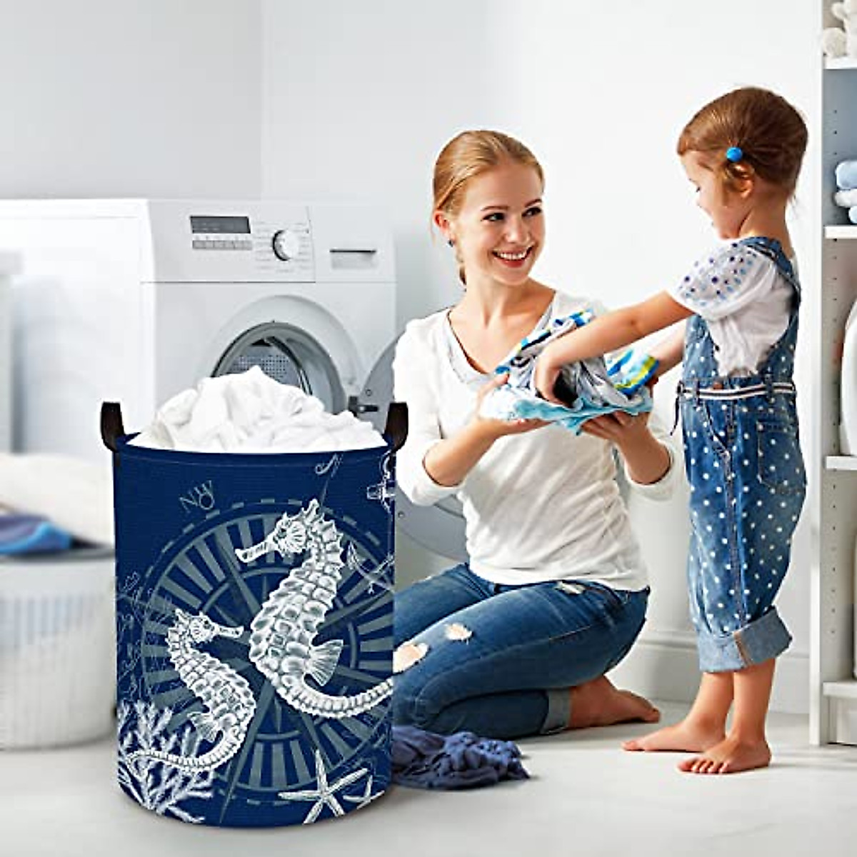 Clastyle 45L Waterproof Blue Seahorse Laundry Baskets for Clothes Collapsible Animal Storage Laundry Hamper with Drawstring, 14.2 * 17.7 in