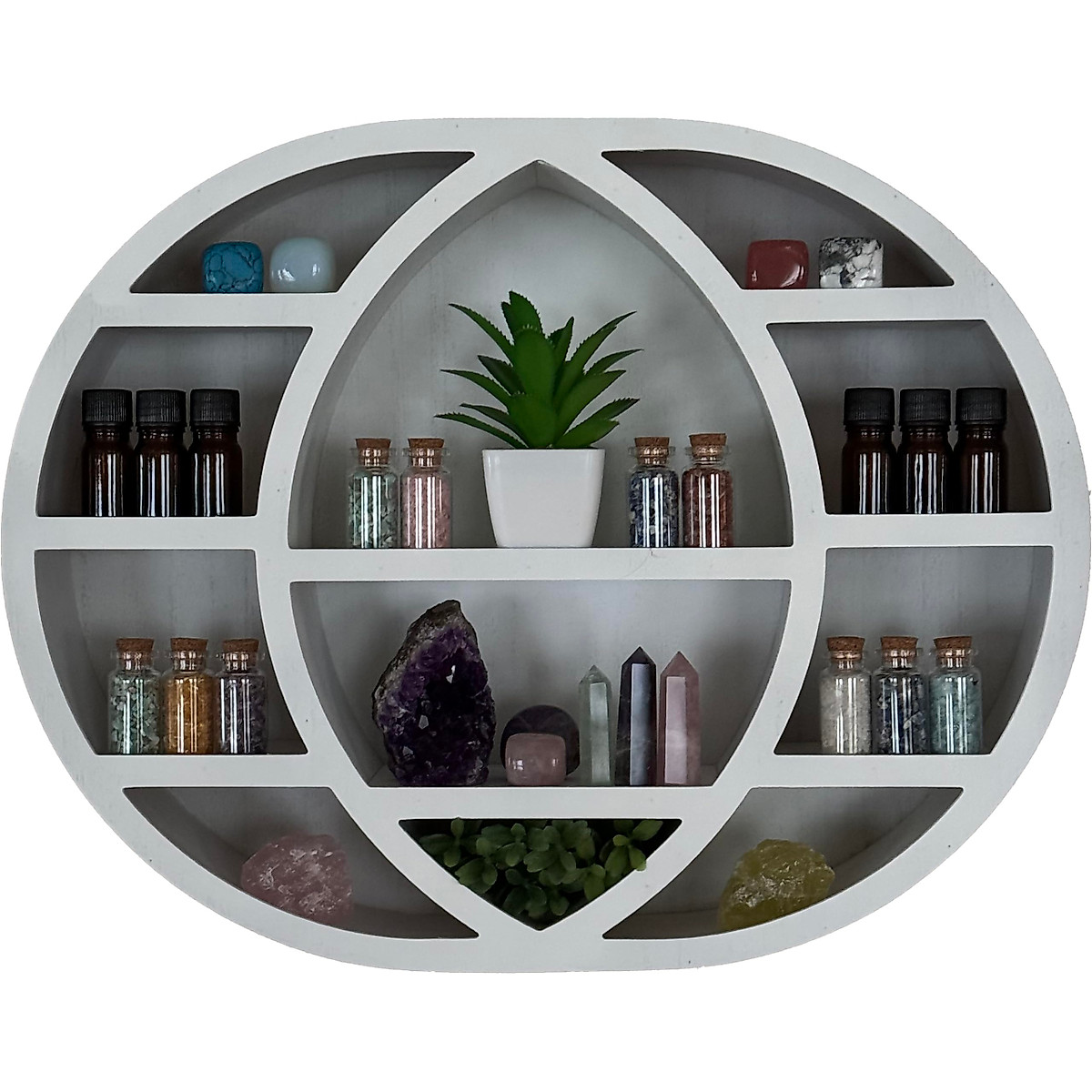 Crescent Moon Shelf Decor - Wooden Moon Shelf for Crystals, Stones & Essential Oil Display, Moon Phase Wall Decor, Crystal Shelf Display, Boho Shelf for Bedroom - Patented - 17 x 14 x 3.5 in. (White)