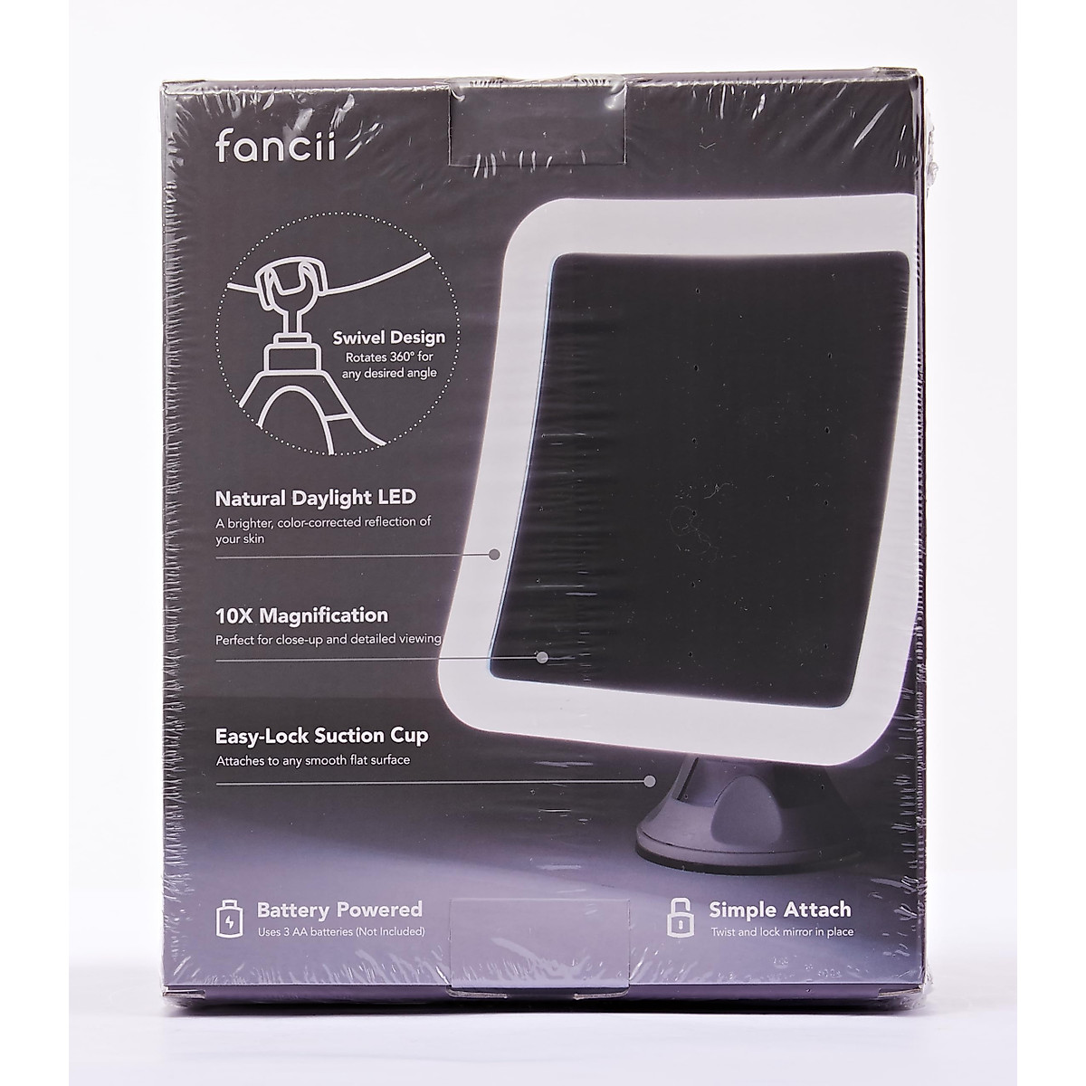 Fancii 10X Magnifying Lighted Makeup Mirror - Daylight LED Vanity Mirror - Compact, Cordless, Locking Suction, 6.5" Wide, 360 Rotation, Portable Illuminated Bathroom Mirror (Square)