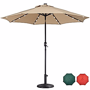 Yaheetech 9FT LED Garden Table Umbrella with Base Outdoor Solar Powered Market Umbrella with 8 Sturdy Ribs, Heavy Duty Umbrella Stand Included, Tan