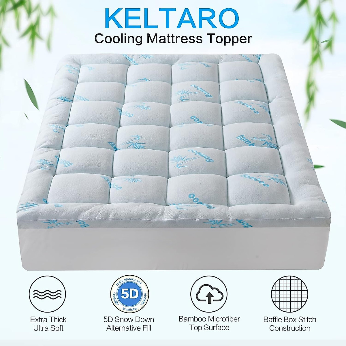 KELTARO Mattress Topper Twin XL Size for Single Bed,Extra Thick Cooling Viscose Made from Bamboo Mattress Pad Cover Plush Soft Noiseless Down Alternative Fill,with 8-21" Deep Pocket