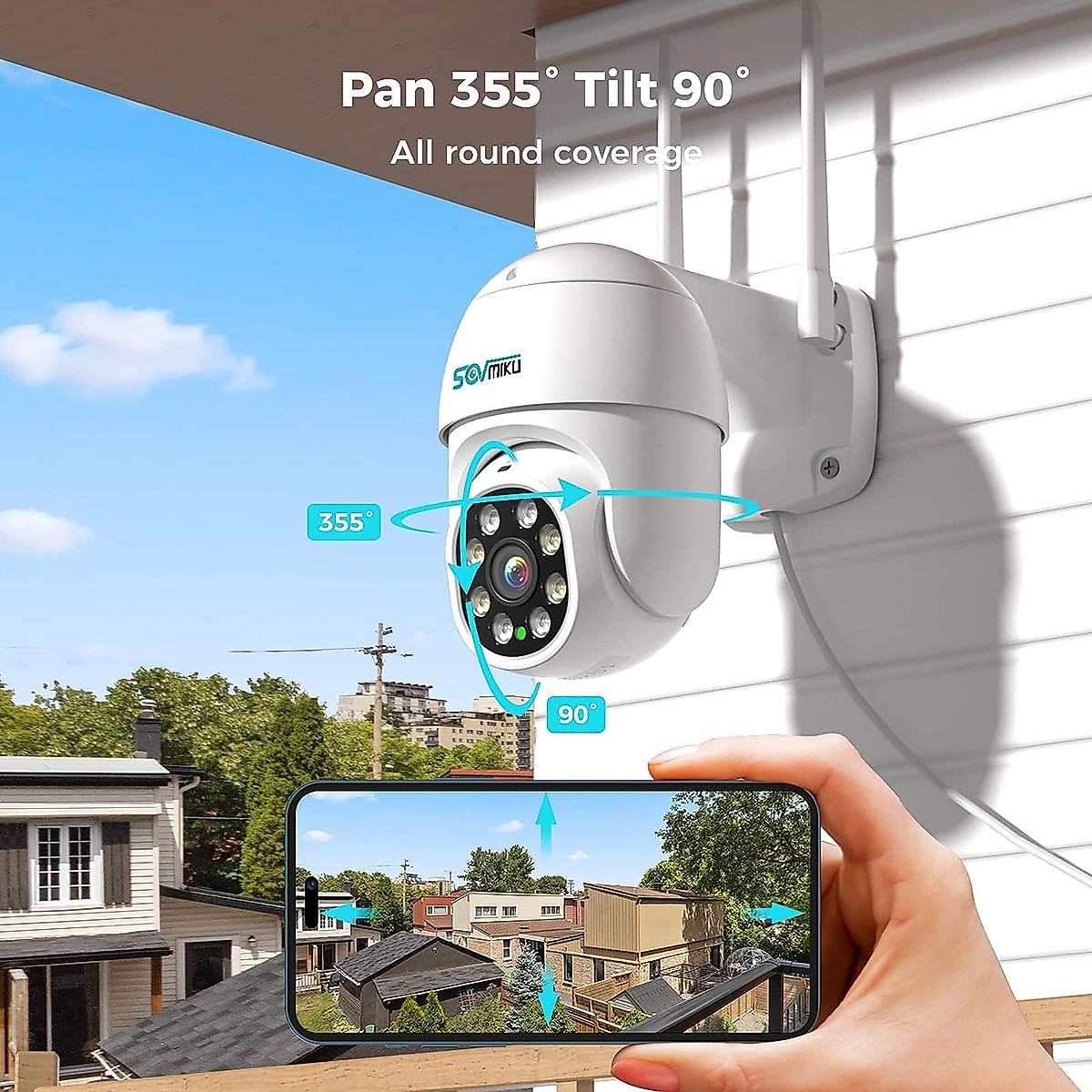 SOVMIKU Wireless Security Camera System,3MP Outdoor WiFi Camera for Home,PTZ,360°View,Auto Tracking,2 Way Audio,Color Night Vision,Siren/Motion/Light Alarm,8Ch Expandable,Alexa,24/7 Record,2.4G WiFi