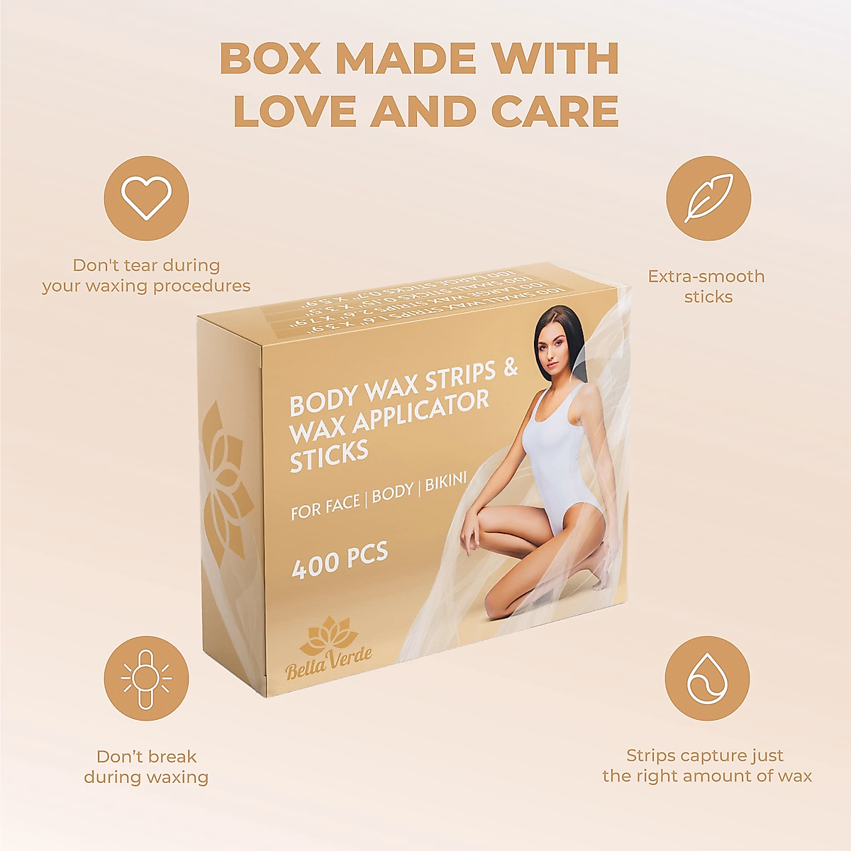 Bella Verde Wooden Wax Applicator Sticks and Non-Woven White Wax Strips - Wooden Waxing Spatulas - Large - 400 count - Hair removal - For Men - Women - Brazilian Eyebrow Home Body Waxing - Prime