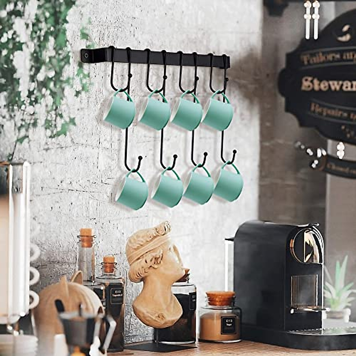 EGMEHOAD Coffee Mug Holder Wall Mount Black, Coffee Cup Holder Wall Mounted 8 Cups, Coffee Mug Rack Wall Mounted