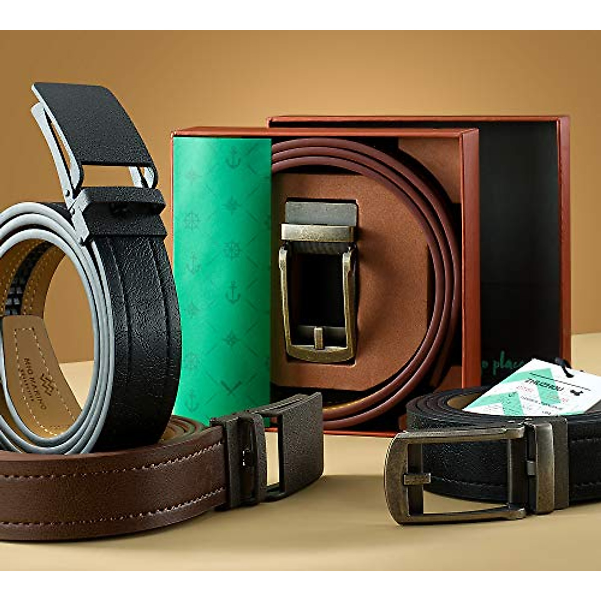 Marino Men's Comfort Click Ratchet Belt Casual Leather Belt for Men - Automatic Linxx Buckle, 1 3/8" Wide - Elegant Gift Box - Sandpaper Linxx - Deep Charcoal - Adjustable from 28" to 44" Waist