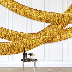 C＆B Gold Foil Fringe Garland Party Decorations, 6 Feet Gold Tinsel Metallic Glitter Banner, Hanging Gold Banner Table Skirt for Birthday Bride Bachelorette Engagement Retirement Christmas Party Decor