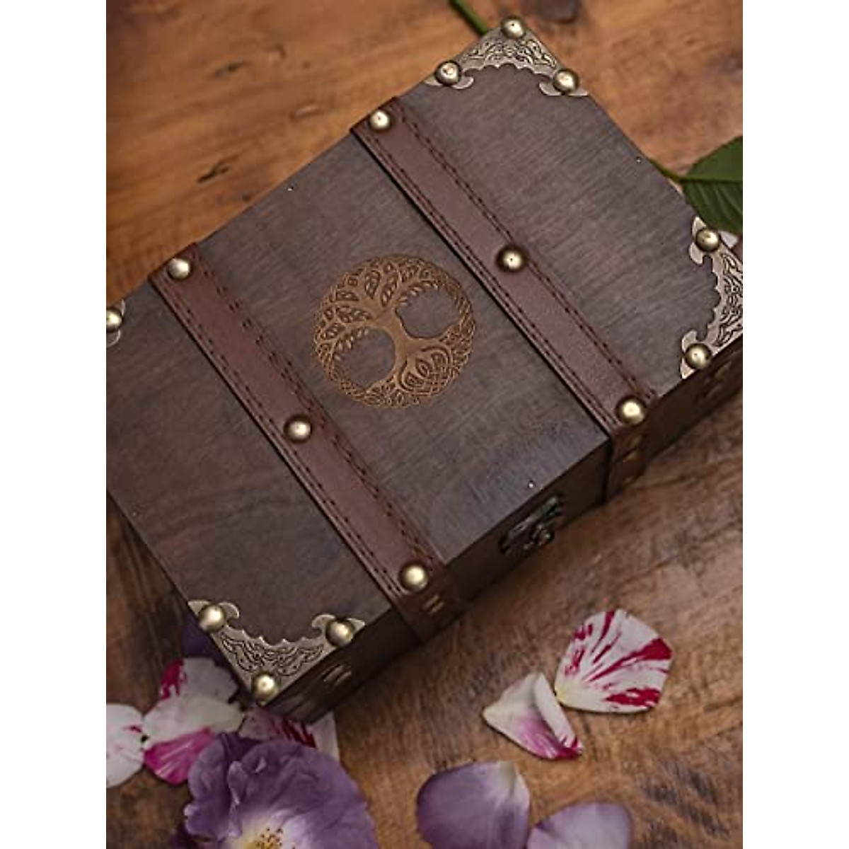 Gbrand 8.3" Wood and Leather Chest Box with Velvet Lining, Yggdrasil Tree of Life Engraved Wooden Box, Pentacle Wiccan Supplies and Tools Storage Box, Home Decor Box (Tree of Life)