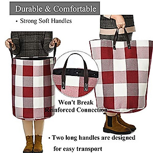 Haundry Foldable X-Large Laundry Hamper with Durable Leather Handles, 22'’ Tall Large Round Laundry Basket for Clothes Storage, Red Buffalo Plaid