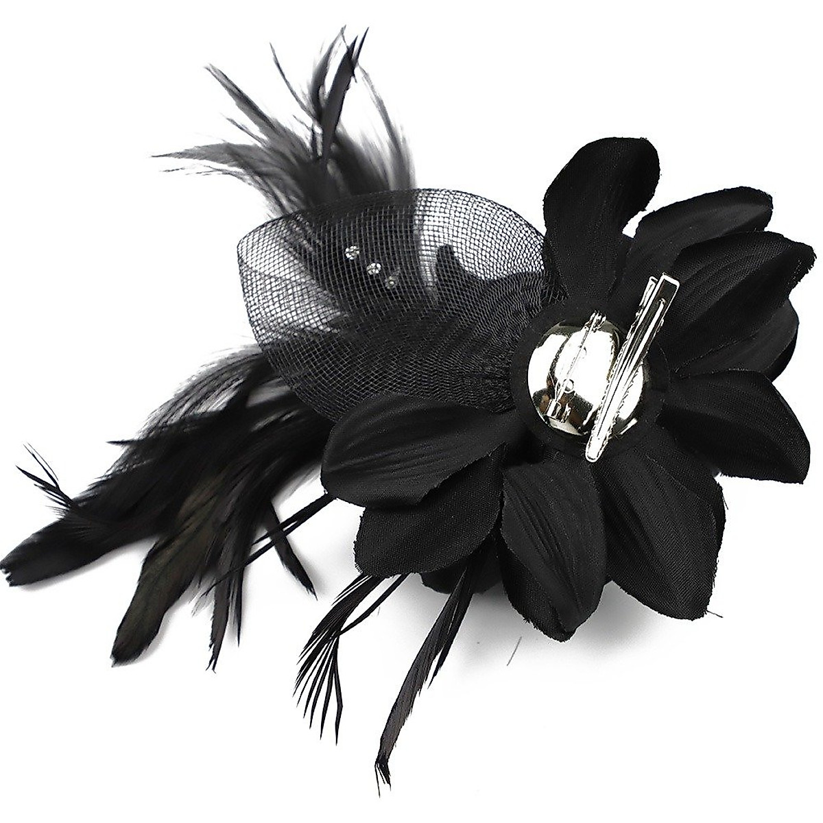 Song Qing Women's Fascinator Feather Flower Hair Clip Pin Brooch Corsage Bridal Hairband Derby Hat Cocktail Party Wedding (Dark Black)