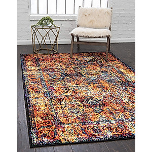 Unique Loom Rosso Collection Vintage, Traditional, Bohemian, Geometric, Border, Distressed, Southwestern Area Rug, 8 ft x 10 ft, Orange/Black