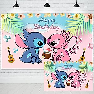 Stitch and Angel Happy Birthday Backdrop for Birthday Party Decorations Summer Tropical Hawaiian Beach Party Decorations Supplies Banner 5x3ft
