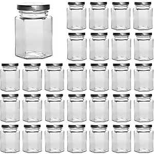 Accguan Hexagon Glass Jars, 30 Pcs 4 oz Glass Jars with Silver Lids, Mason Jars for Jam, Jelly, Honey, Gifts, Crafts, Wedding, Spice, Dry Goods and More