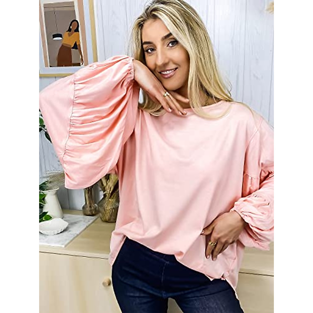 Anna-Kaci Womens Long Lantern Sleeve Soft Loose Baggy Tops T-Shirt Pullover, Rose, Small