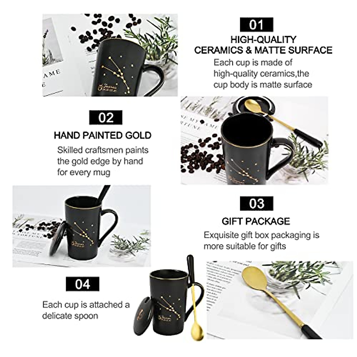 YHRJWN - Taurus Constellation Zodiac Sign Star Coffee Mug, Birthday Gift for Women, Girls, Men, Teens, 12 Horoscope Astrology Lovers, 14 Oz Black (Spoon, Lid, Gift Box)
