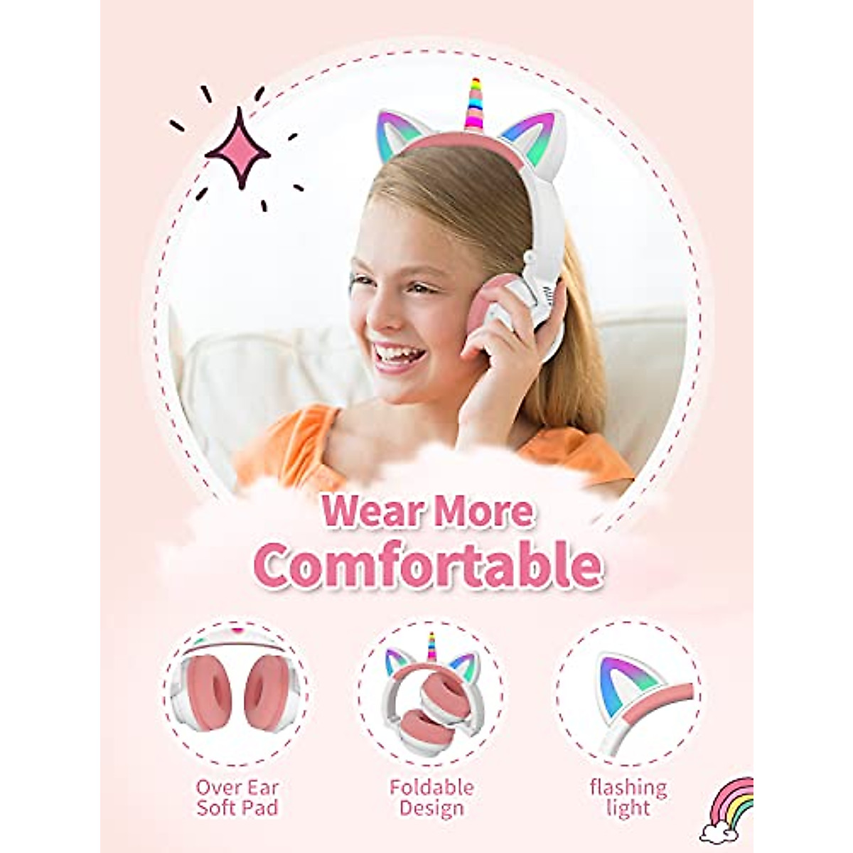 YUSONIC Unicorn Kids Headphones,Unicorn Bluetooth Headphones Foldable for Girls Boys Toddlers Phones/ipad/Amazon fire,Light Up Kids Wireless Headphone Birthday Gifts (White+Pink)