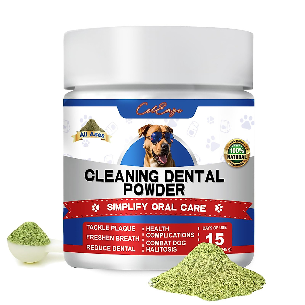 ColEaze Dog Teeth Cleaning Powder-Dog Dental Care and Bad Breath Treatment, Plaque Removal Herbal Dental Powder for Healthy Teeth & Gums for All Dogs