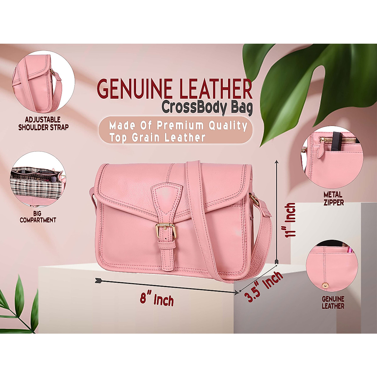 Aaron Leather Goods Crossbody Bags for Women Soft Leather Purses and Handbags Multi Pocket Shoulder Bag (Peach)