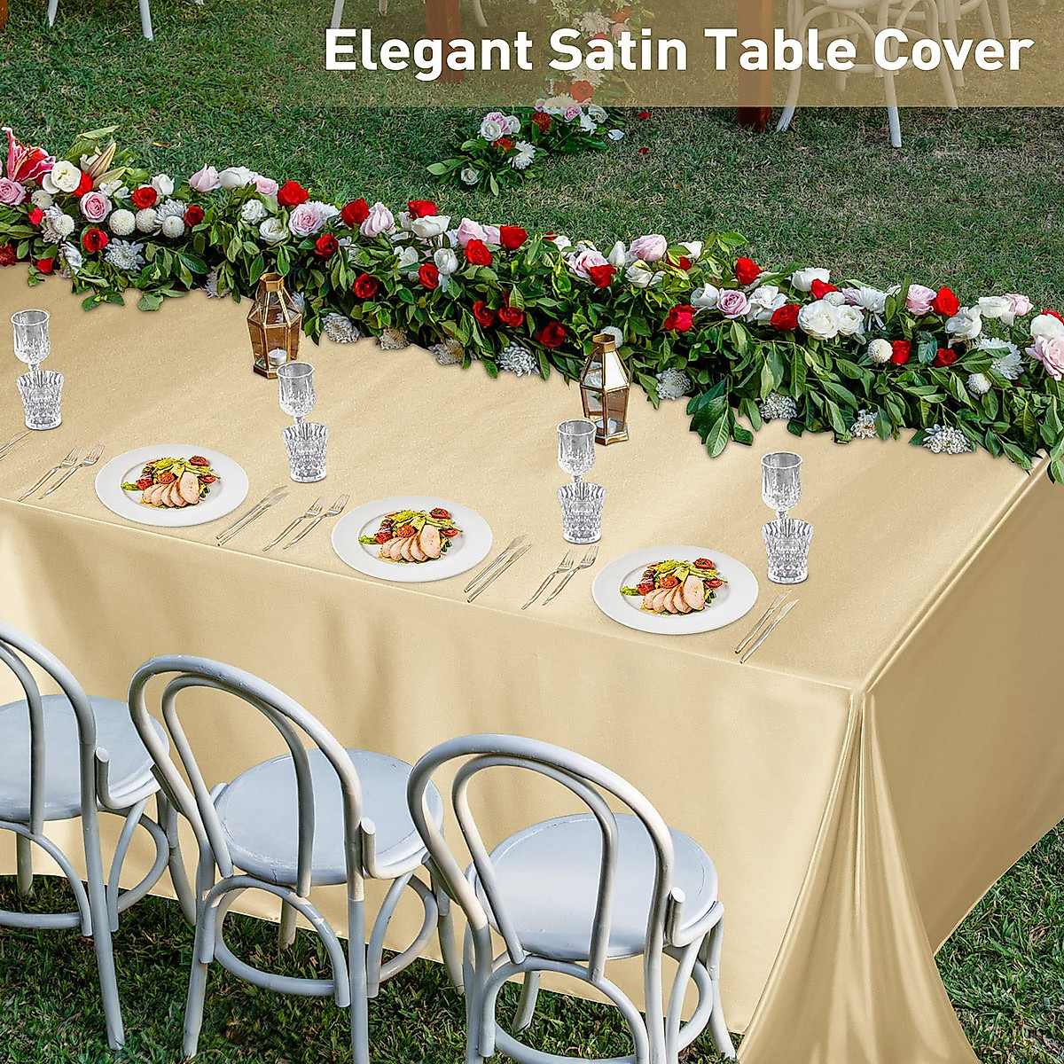 MCEAST 4 Pieces Champagne Satin Tablecloth 102 x 58 Inch Champagne Satin Table Overlay Cover Rectangular Bright Silk Tablecloth for Party, Wedding, Banquet Table Decoration