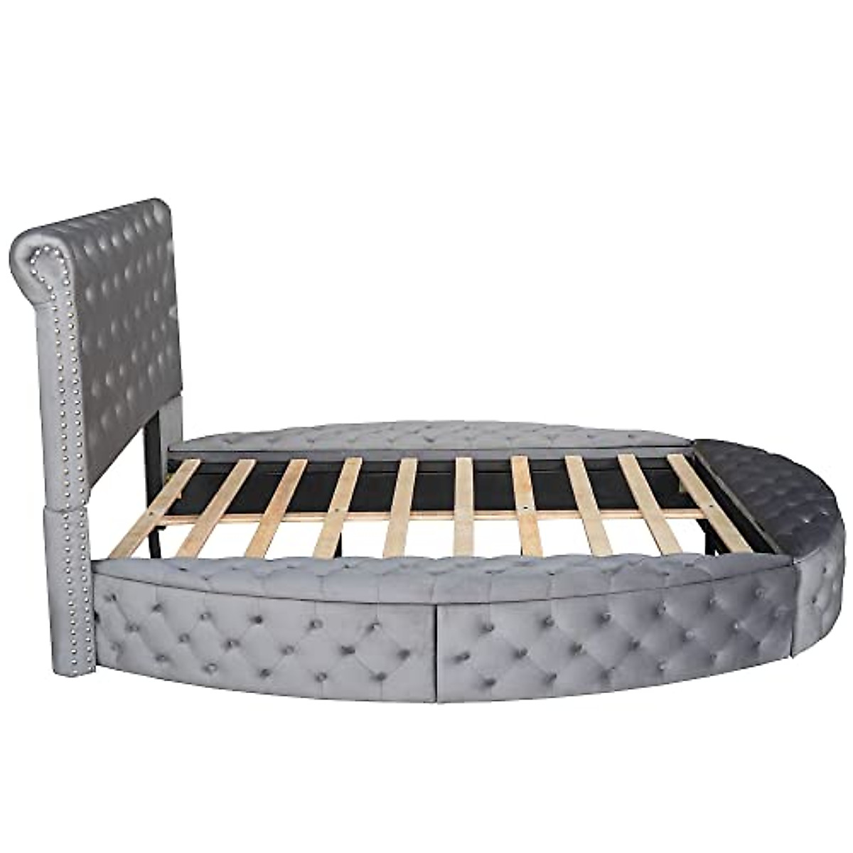 Harper & Bright Designs Full Size Upholstered Bed with Storage and Headboard, Round Shape Upholstery Platform Bed, Low Profile Design, Gray