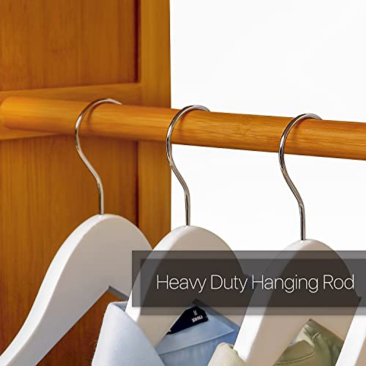 MoNiBloom Closet Organizer with Two Shutter Doors and 1 Drawer, Bamboo Freestanding Clothes Garment Rack with a Hanging Rob, 2 Storage Shelves, 2 Hooks and Pants Rack, Brown