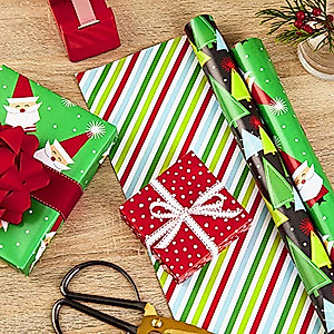Hallmark Reversible Christmas Wrapping Paper (2 Rolls, 60 sq. ft. ttl) Modern Santa, Retro Christmas Trees, Stripes