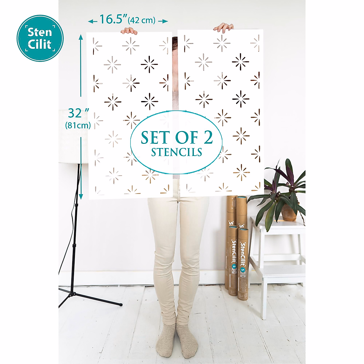 STENCILIT® Starburst Wall Stencil for Painting - 2 Pack 16.5 x 31.5 in Stencil, Geometric Wall Stencils for Painting Large Pattern, Scandinavian Large Wall Stencil