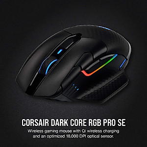Corsair Dark Core RGB Pro SE, FPS/MOBA Gaming Mouse with SLIPSTREAM Technology, Black, Backlit RGB LED, 18000 DPI, Optical, Qi wireless charging certified
