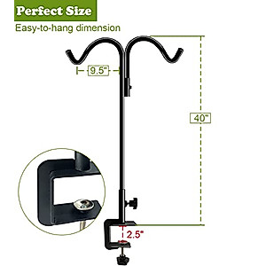 Koutemie 40 Inch Tall Double Deck Hook for Railing, Adjustable Outdoor Shepherds Hook with 2-Inch Strengthened Clamp for Hanging Plant Bird Feeder, 1 Pack