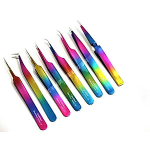 Cynamed -Set of 8 pcs High Precision Multi Rainbow Color German Stainless Steel 3D 5D 6D Volume False Eyelash Extension Tweezers